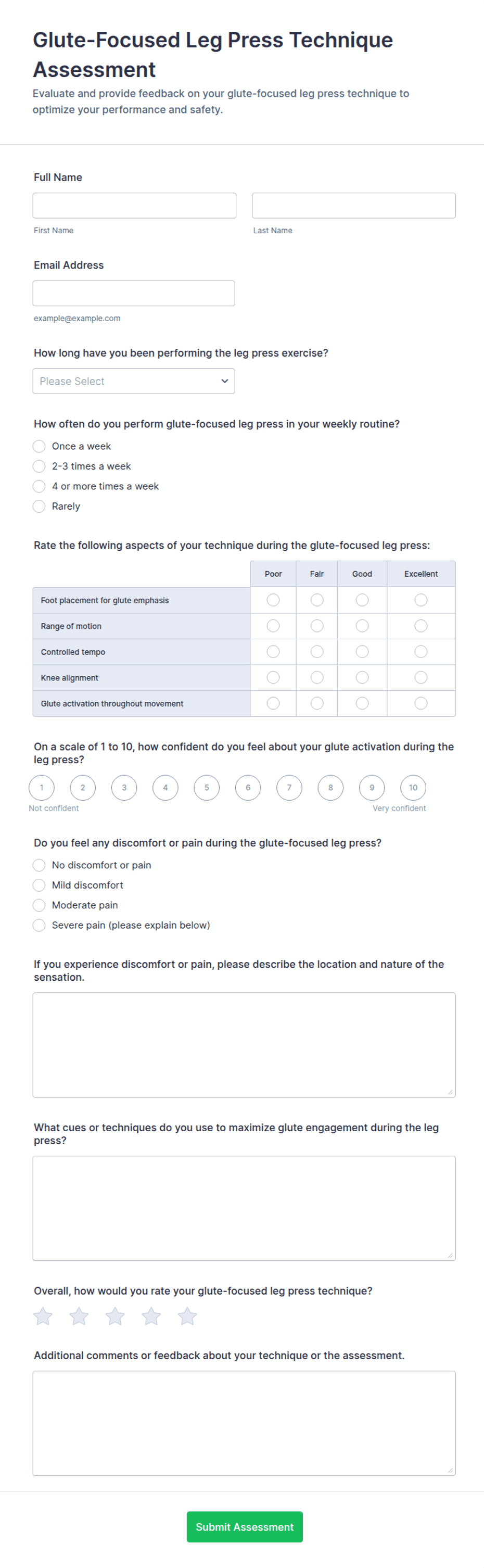Glute-Focused Leg Press Technique Assessment Form Template | Jotform
