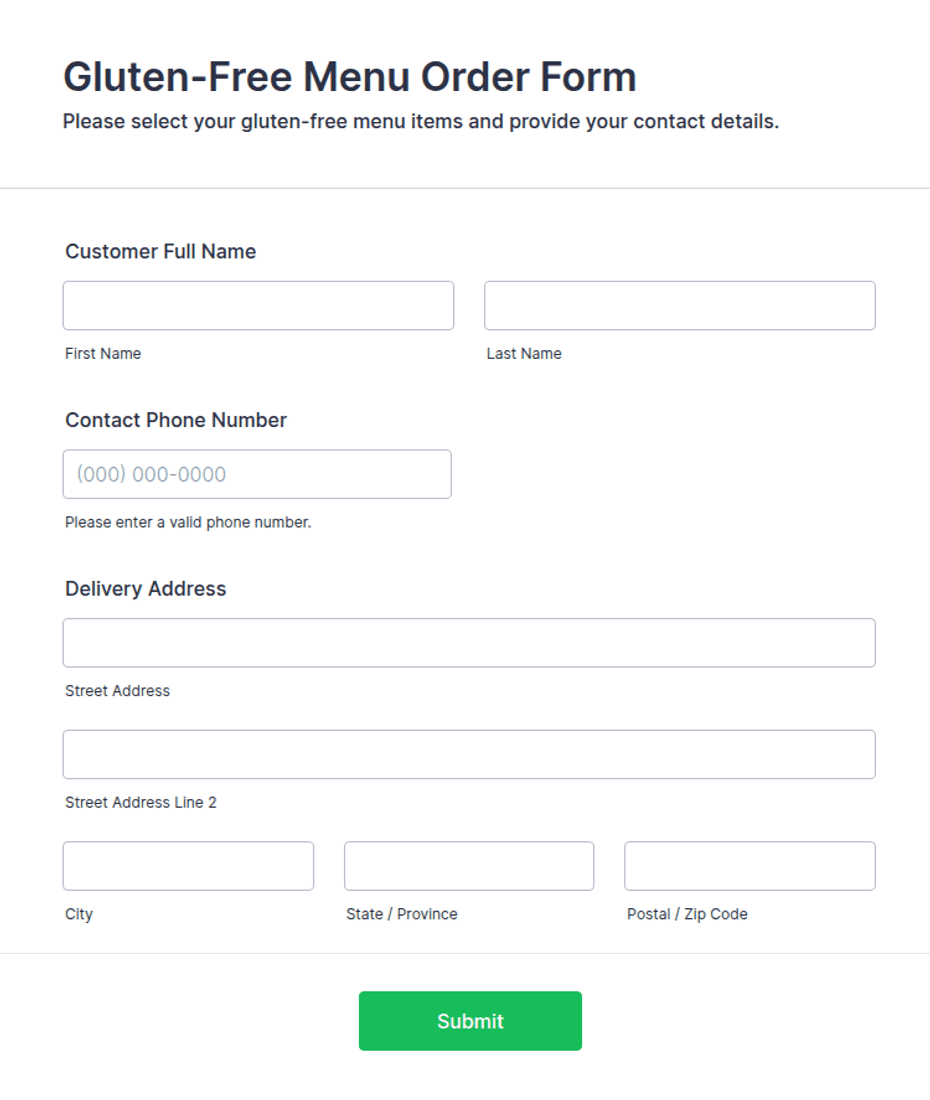 Gluten-Free Menu Order Form Template | Jotform
