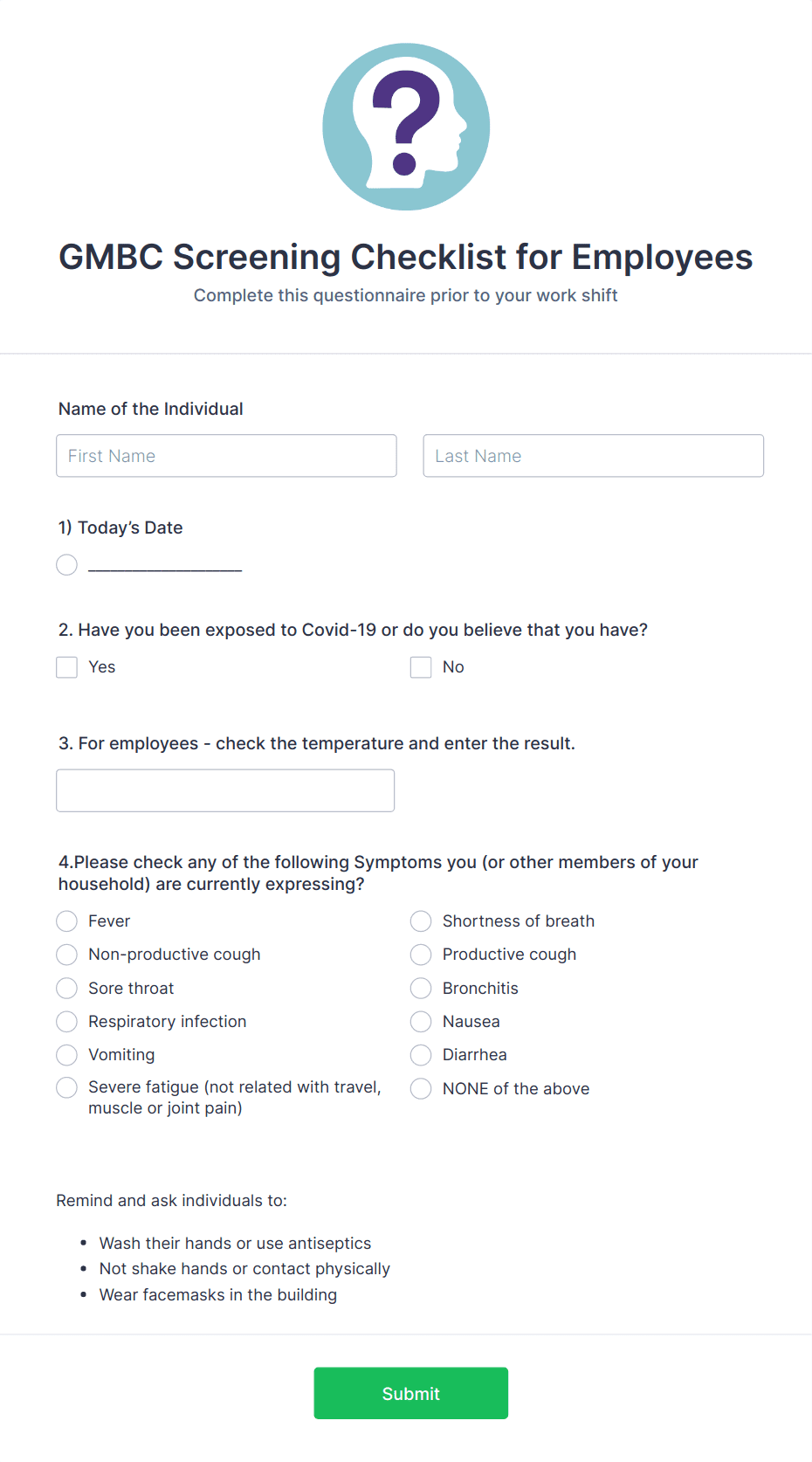 GMBC Screening Checklist for Employees Form Template | Jotform