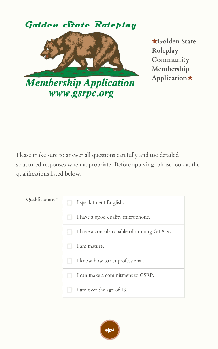 Golden State Roleplay Community Application Form Template | Jotform