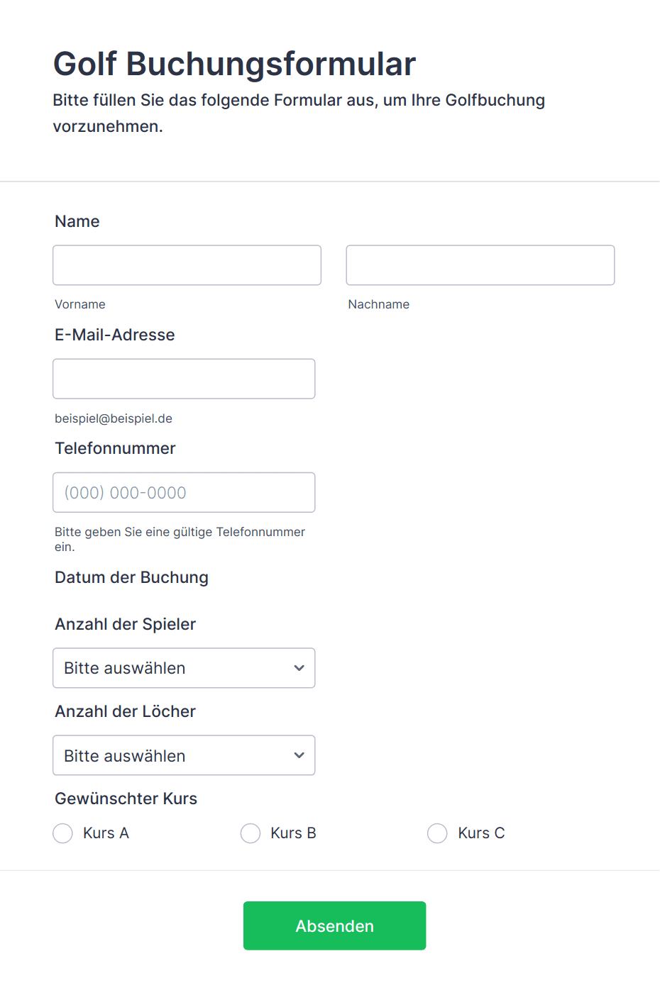 Golf Buchungsformular Formularvorlage | Jotform