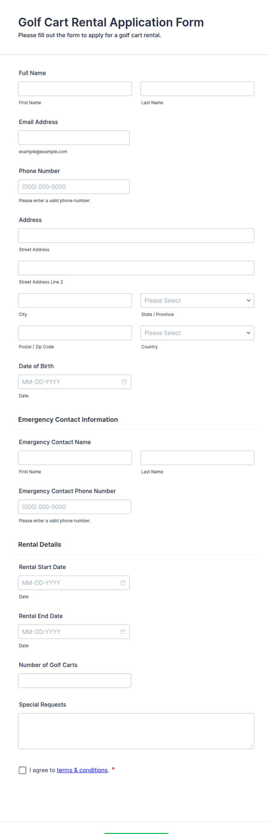 Golf Cart Rental Application Form Template | Jotform
