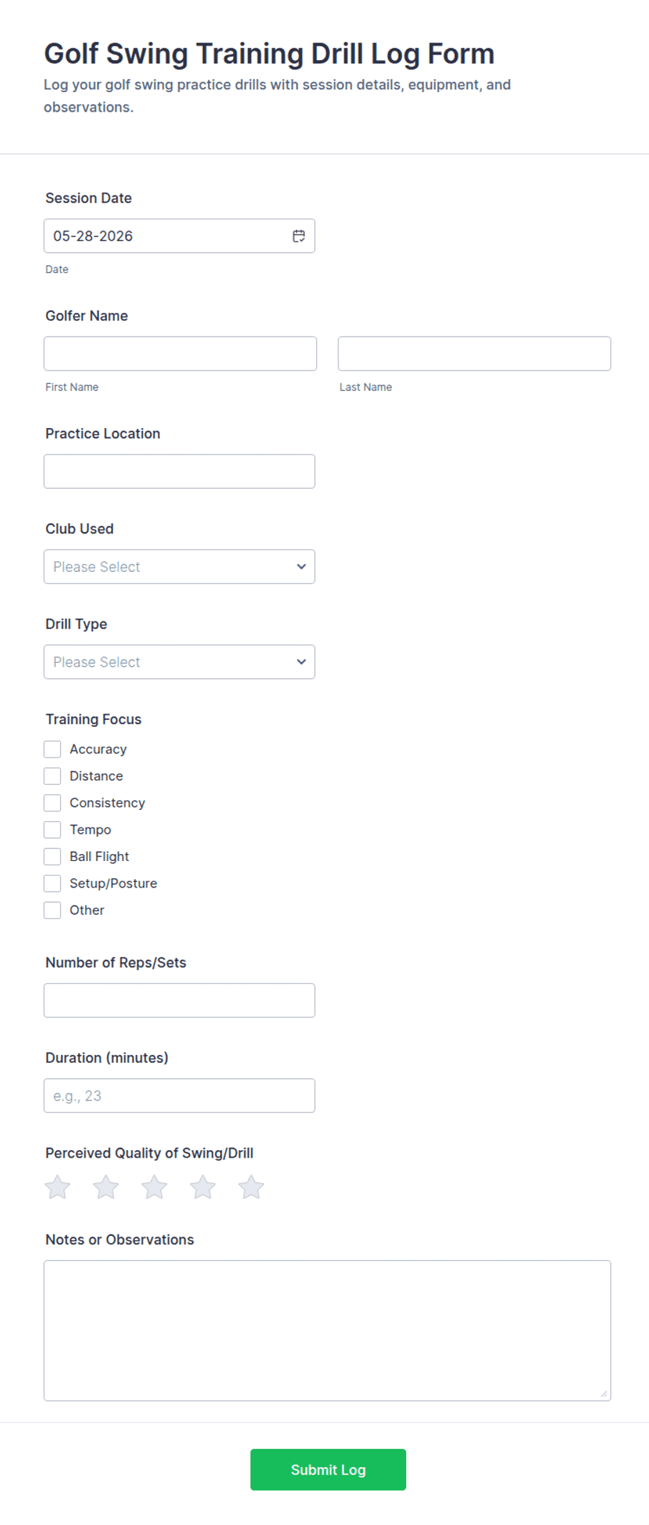 Golf Swing Training Drill Log Form Template | Jotform