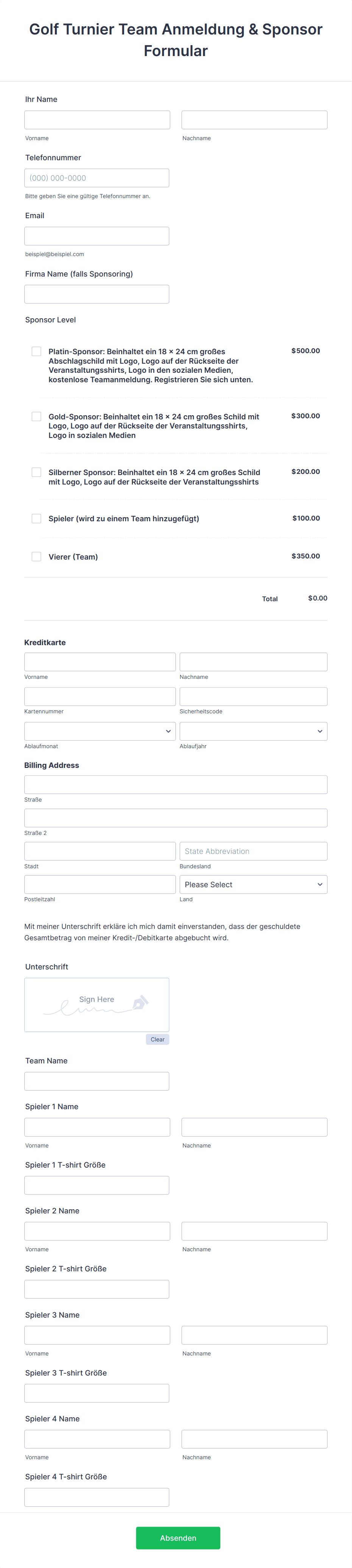 Golf Turnier Anmeldeformular Formularvorlage | Jotform