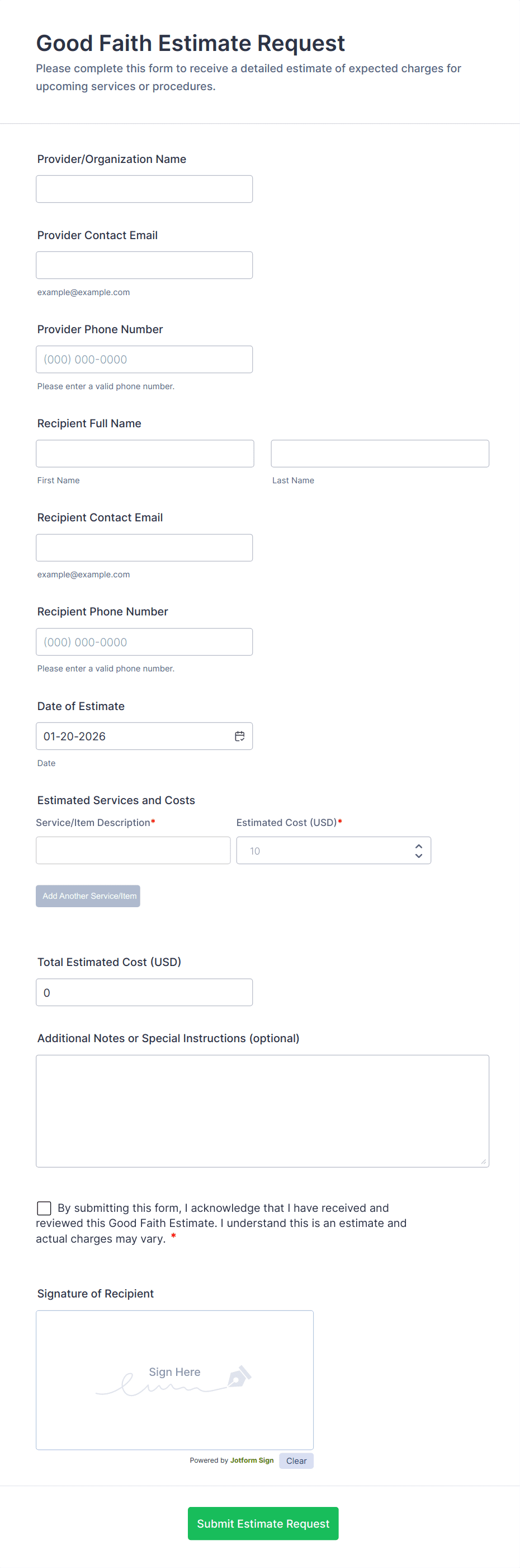 Good Faith Estimate Request Form Template | Jotform