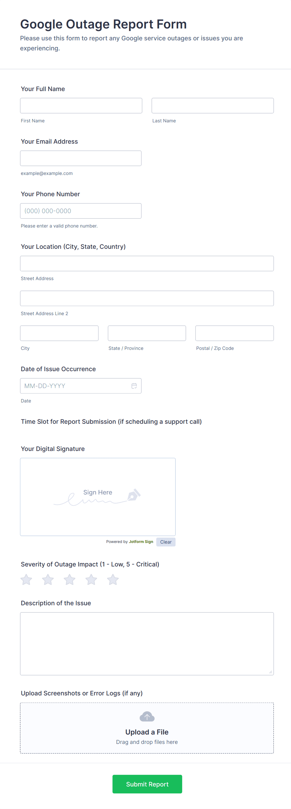 Google Outage Report Form Template | Jotform