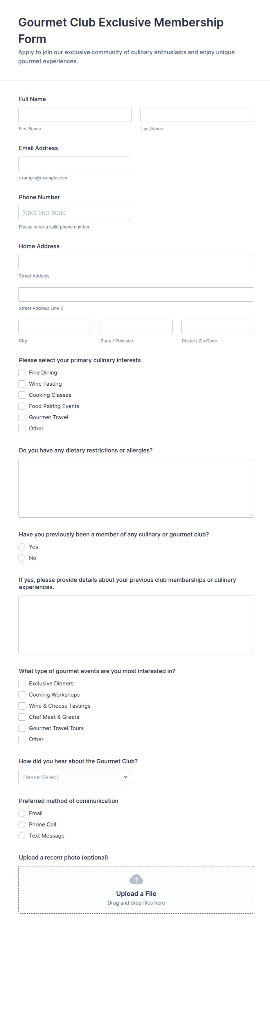 Gourmet Club Exclusive Membership Form Template | Jotform