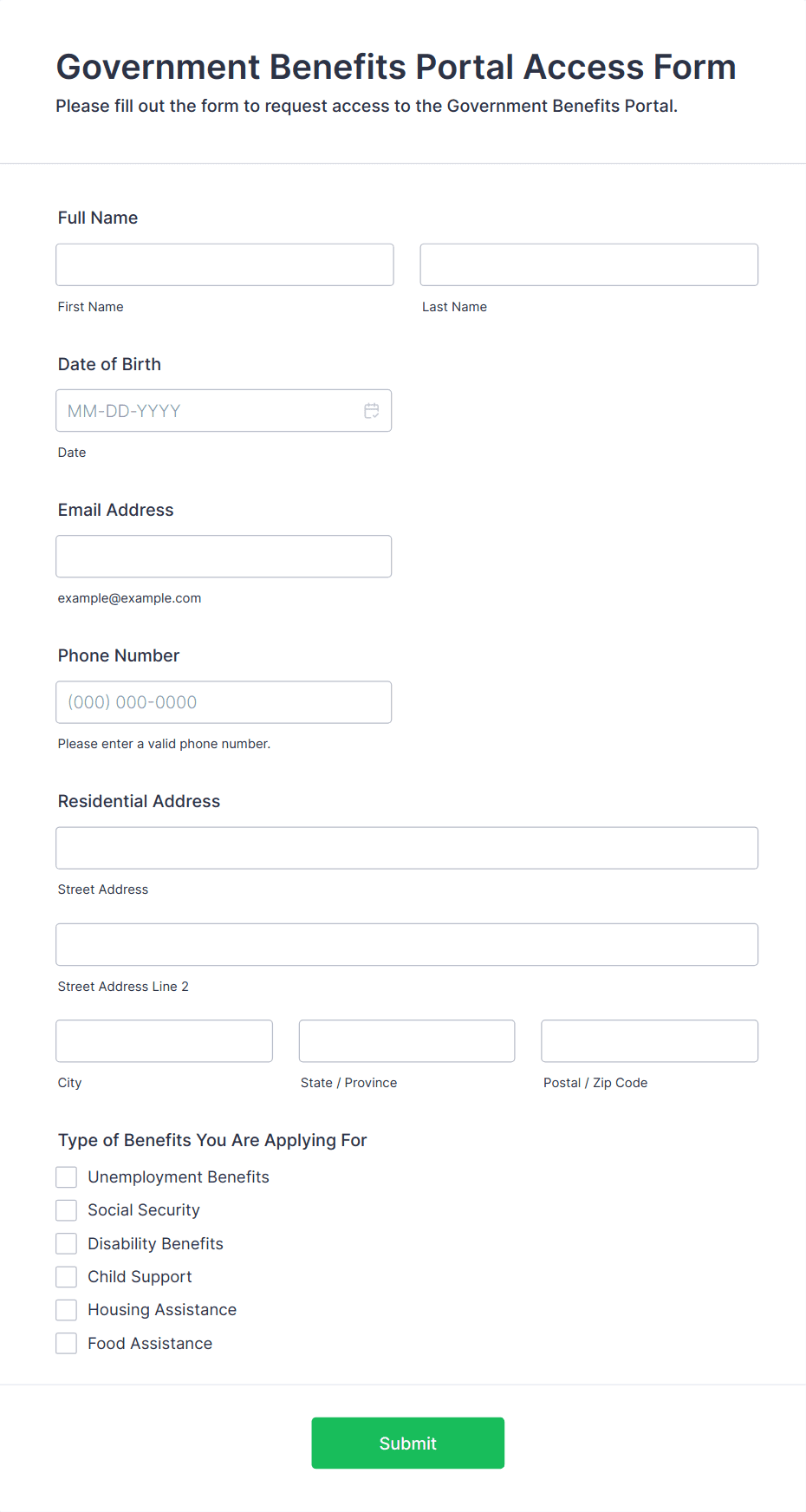 Government Benefits Portal Access Form Template | Jotform