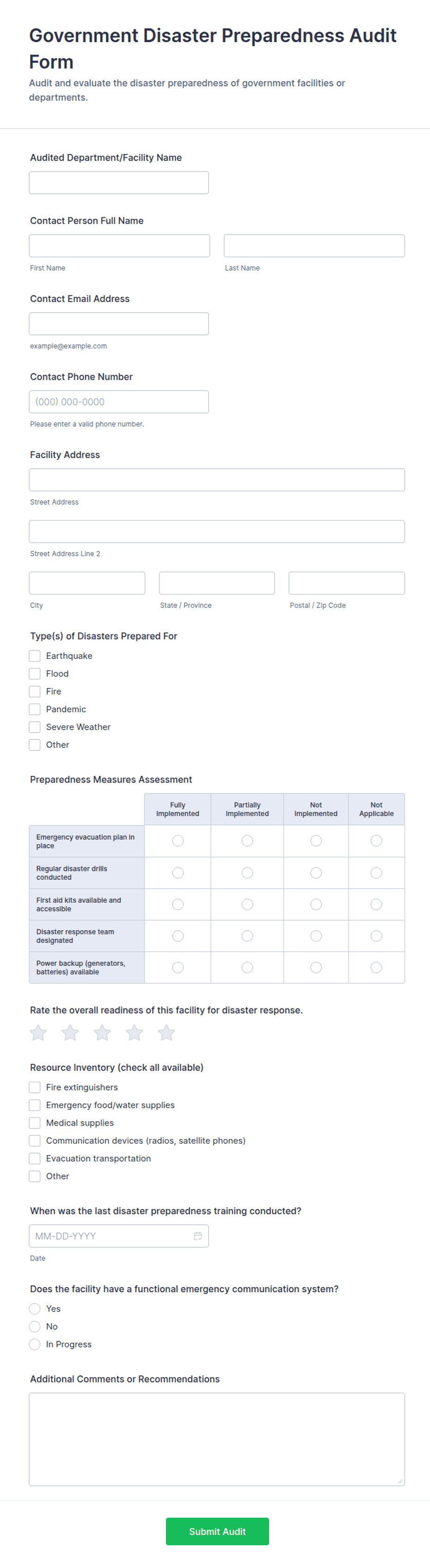 Government Disaster Preparedness Audit Form Template | Jotform