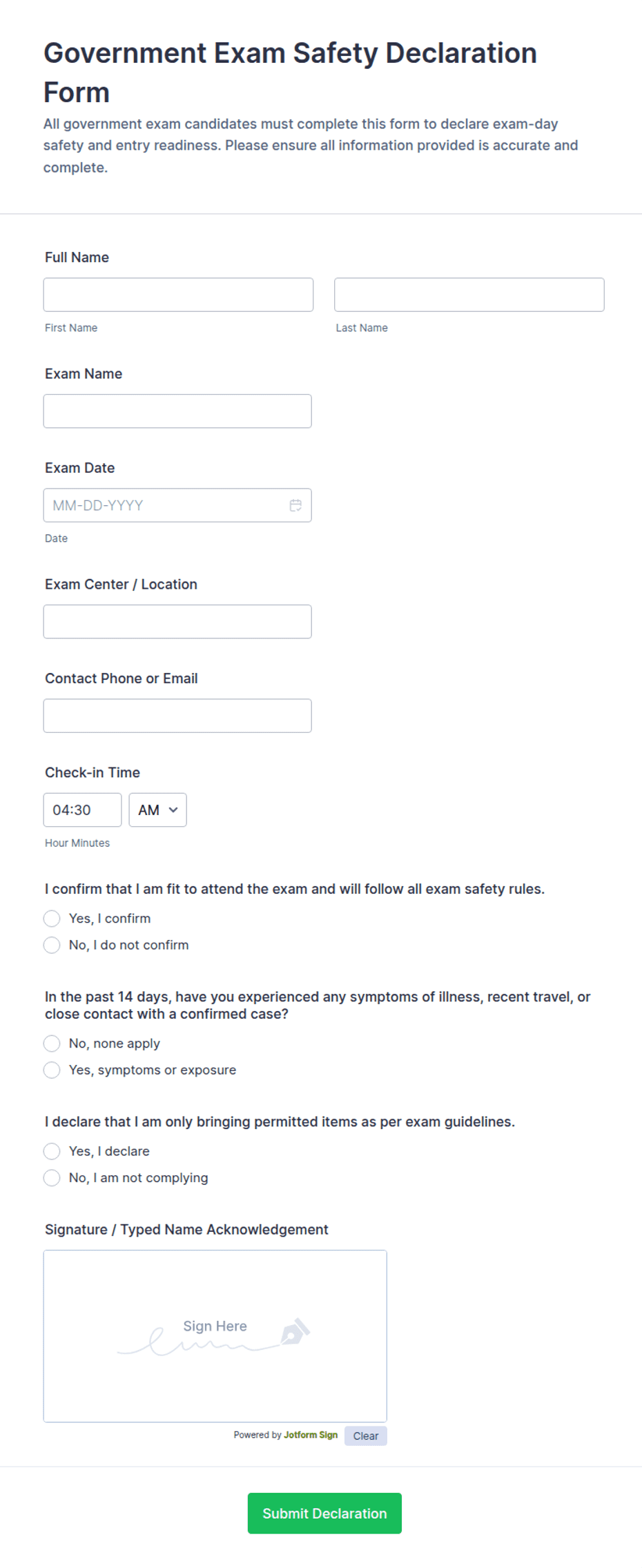 Government Exam Safety Declaration Form Template | Jotform