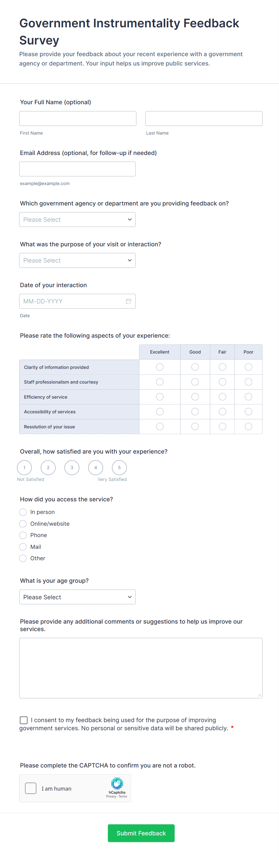 Government Instrumentality Feedback Survey Form Template | Jotform