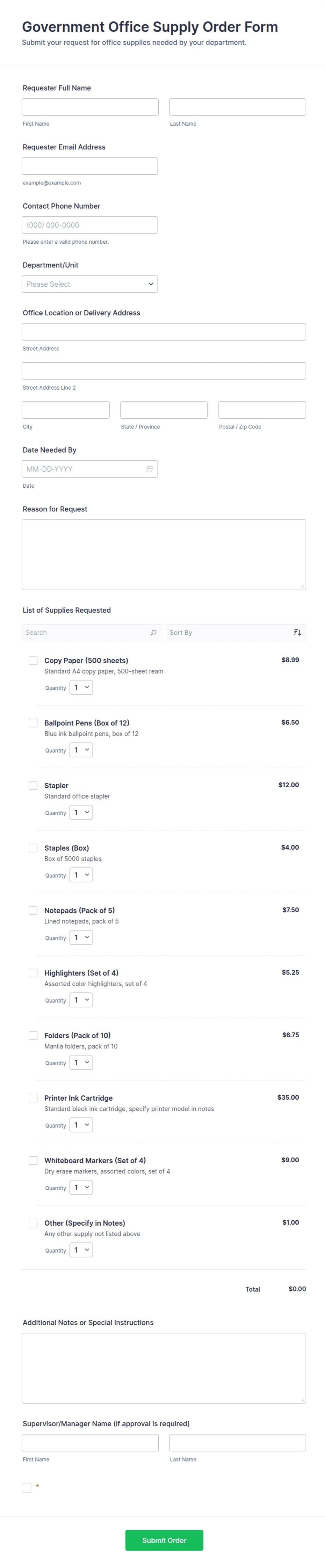 Government Office Supply Order Form Template | Jotform