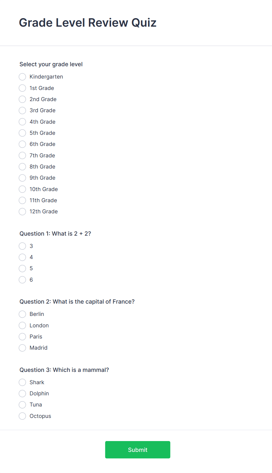 Grade Level Review Quiz Form Template | Jotform