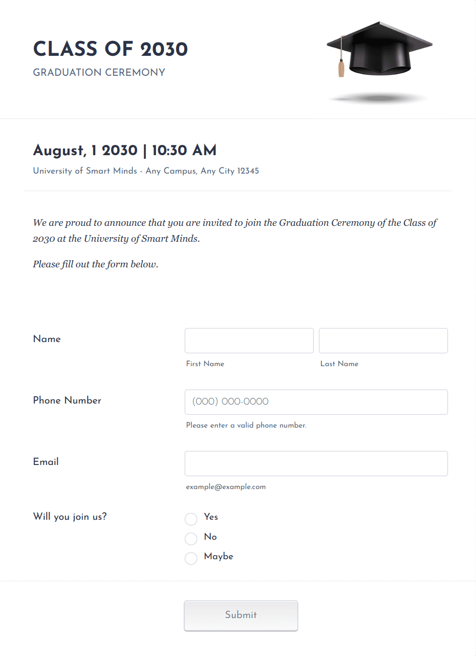 Graduation Ceremony Invitation Form Template | Jotform
