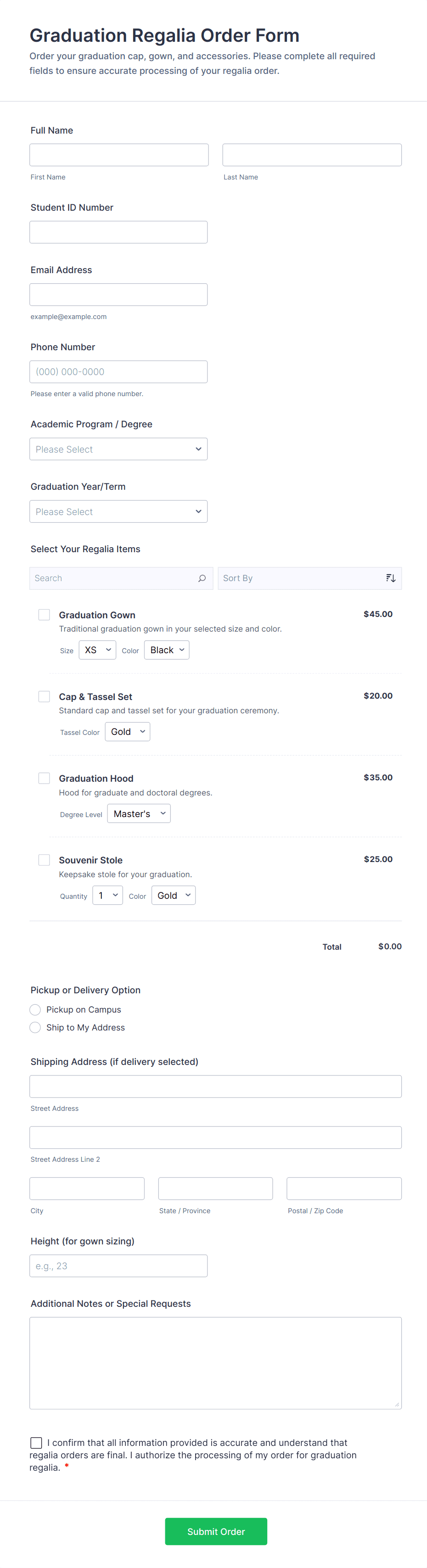 Graduation Regalia Order Form Template | Jotform