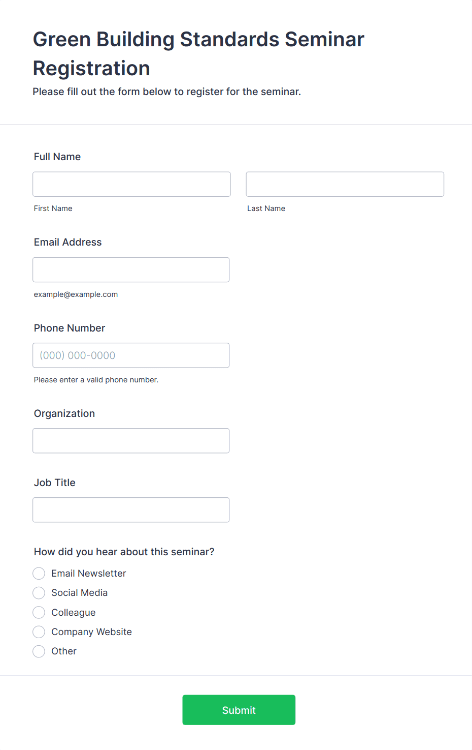 Green Building Standards Seminar Registration Form Template | Jotform