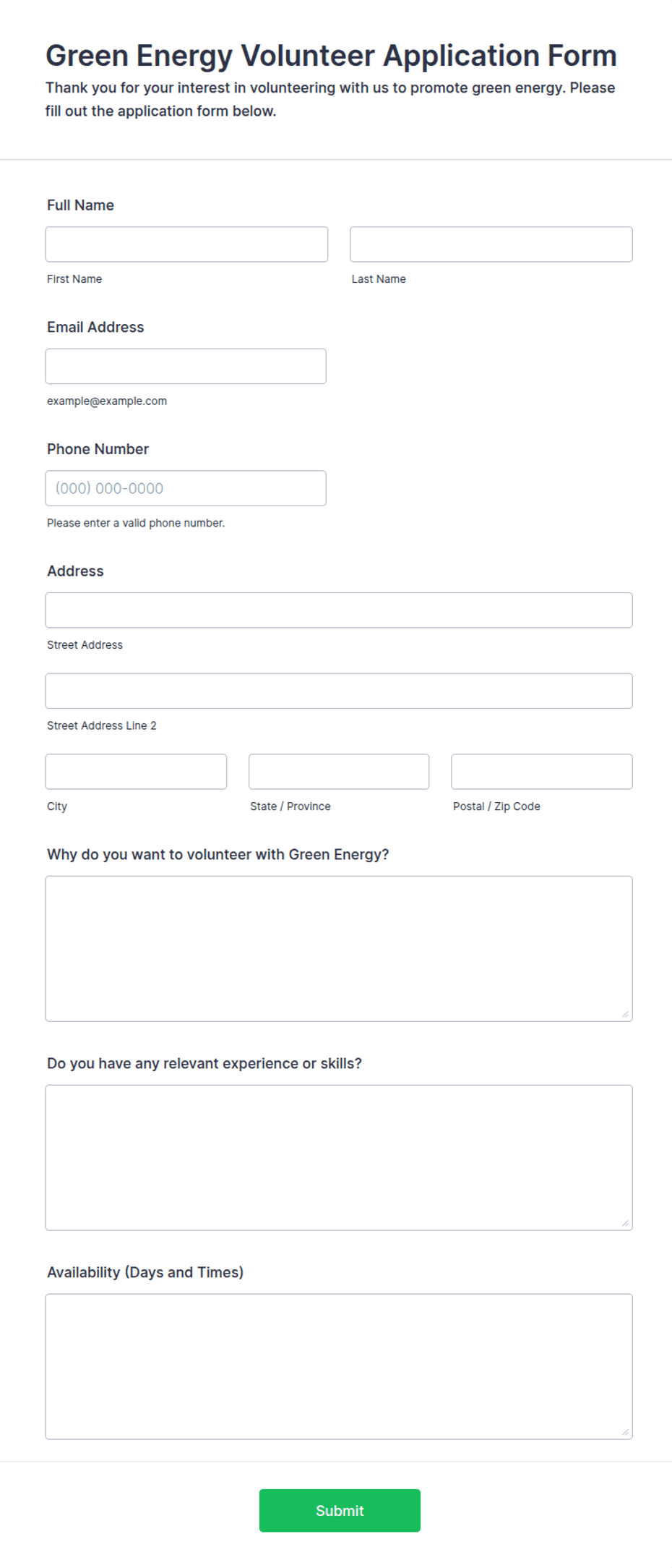 Green Energy Volunteer Application Form Template | Jotform