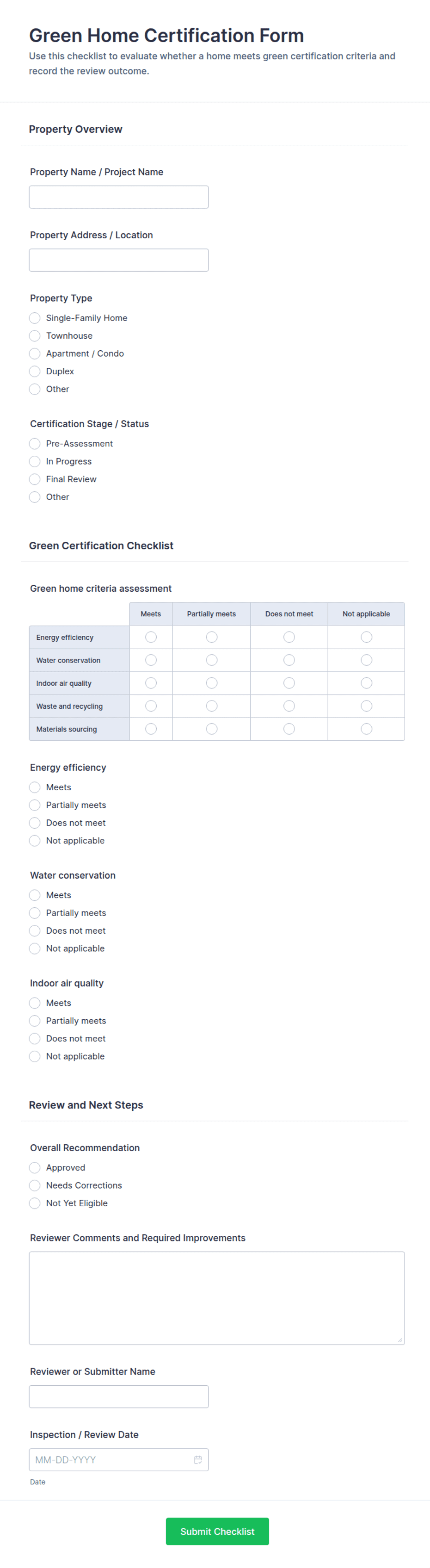 Green Home Certification Checklist Form Template | Jotform