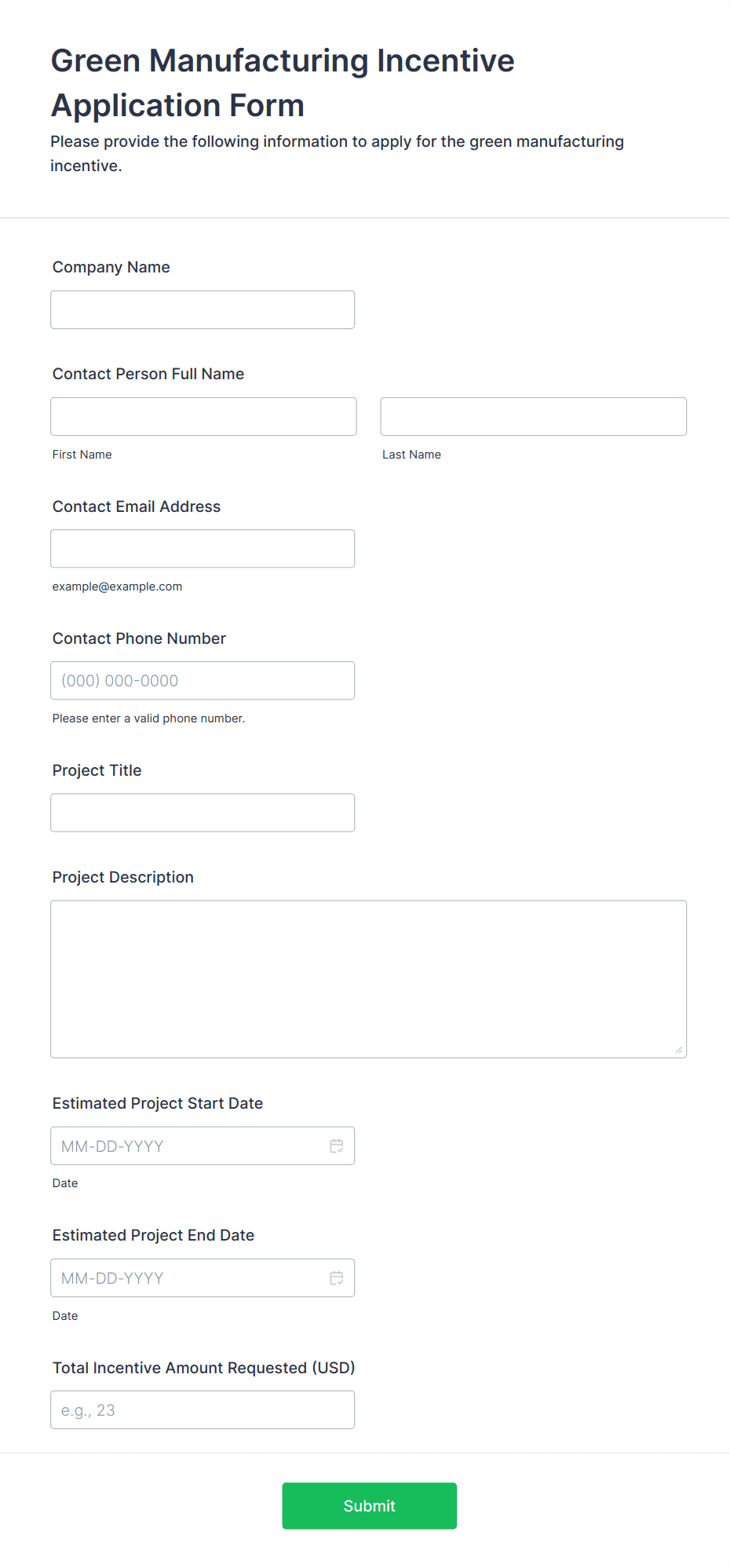 Green Manufacturing Incentive Application Form Template | Jotform