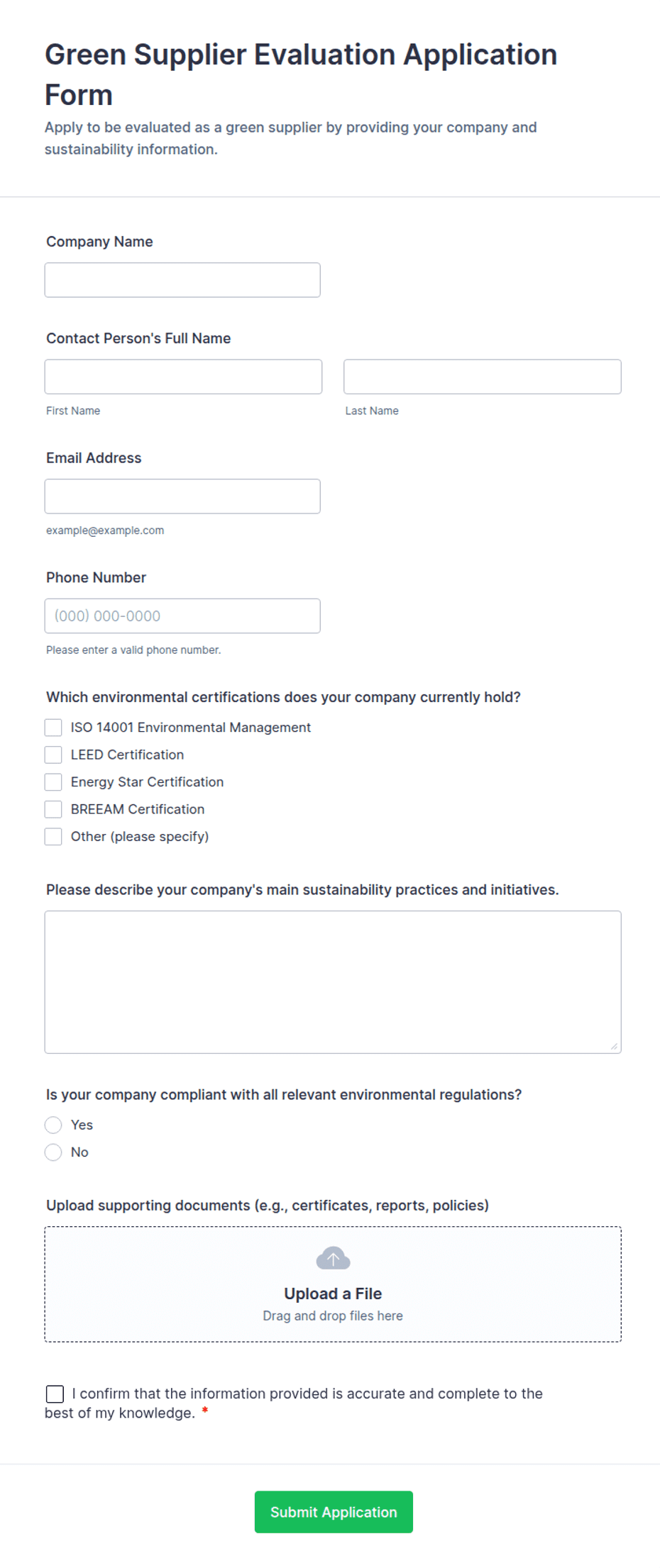 Green Supplier Evaluation Application Form Template | Jotform