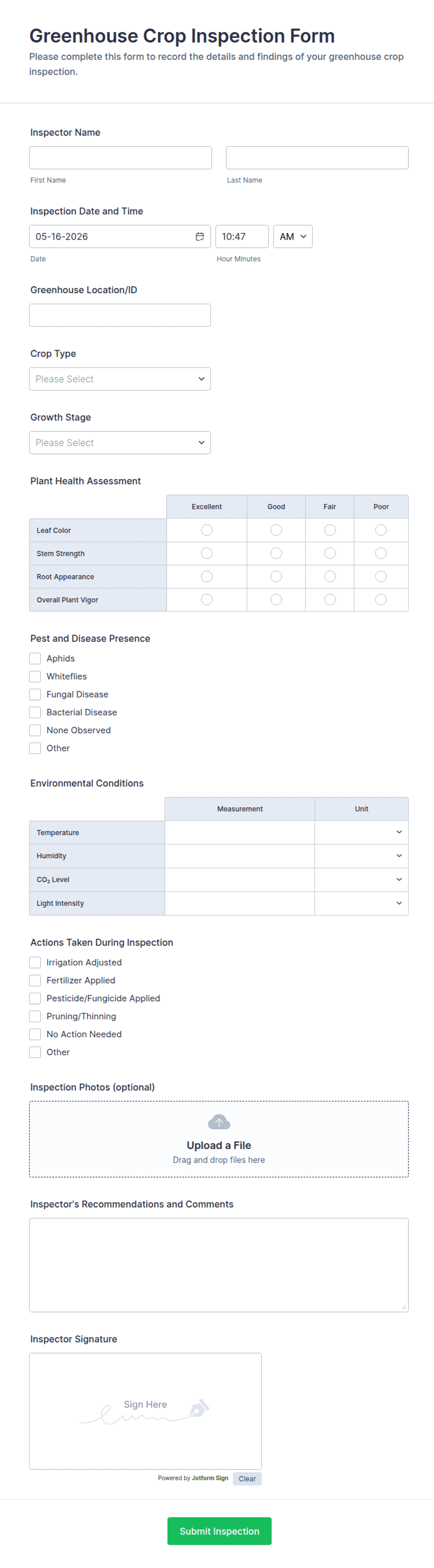 Greenhouse Crop Inspection Form Template | Jotform