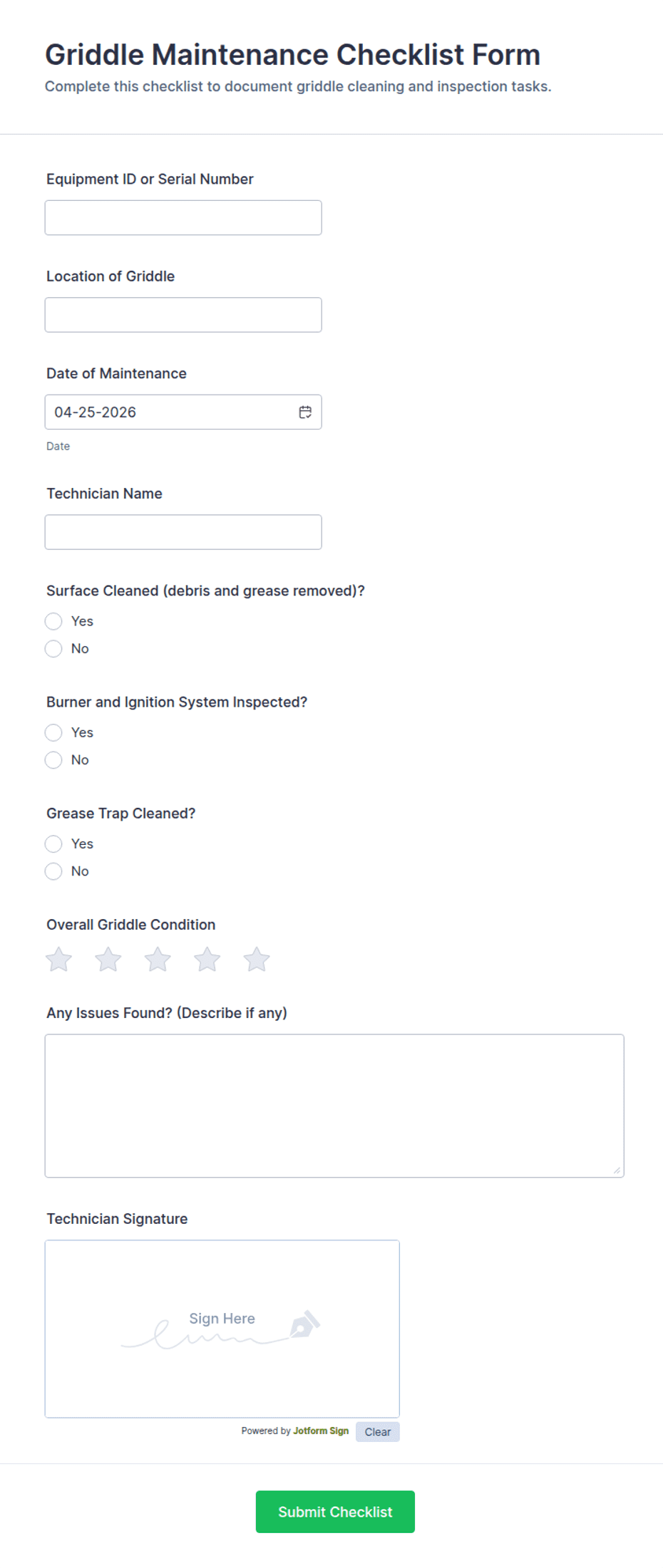 Griddle Maintenance Checklist Form Template | Jotform