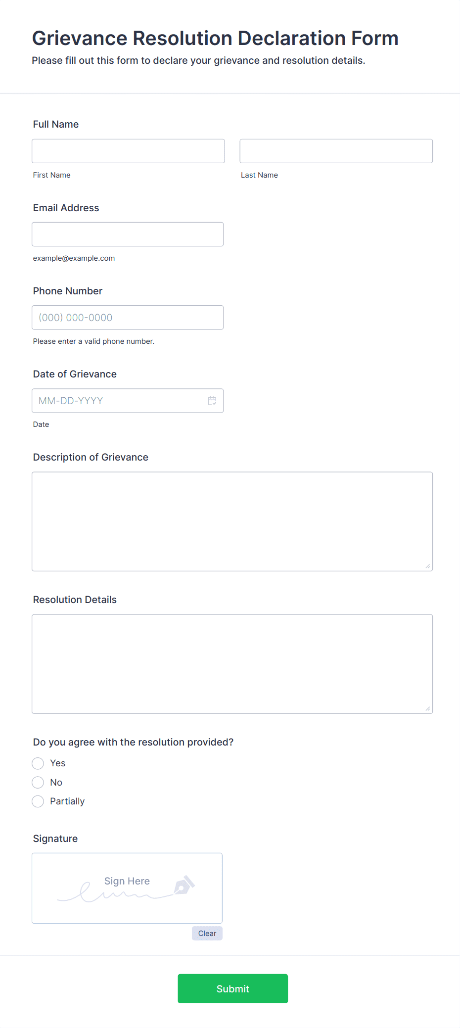 Grievance Resolution Declaration Form Template | Jotform