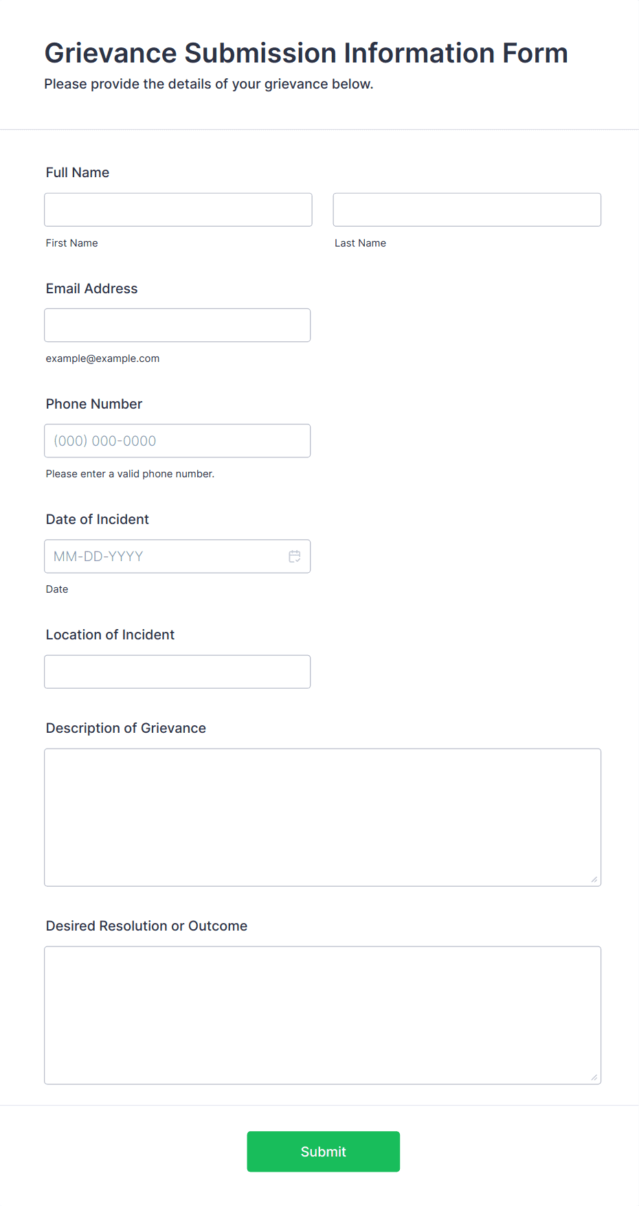 Grievance Submission Information Form Template | Jotform