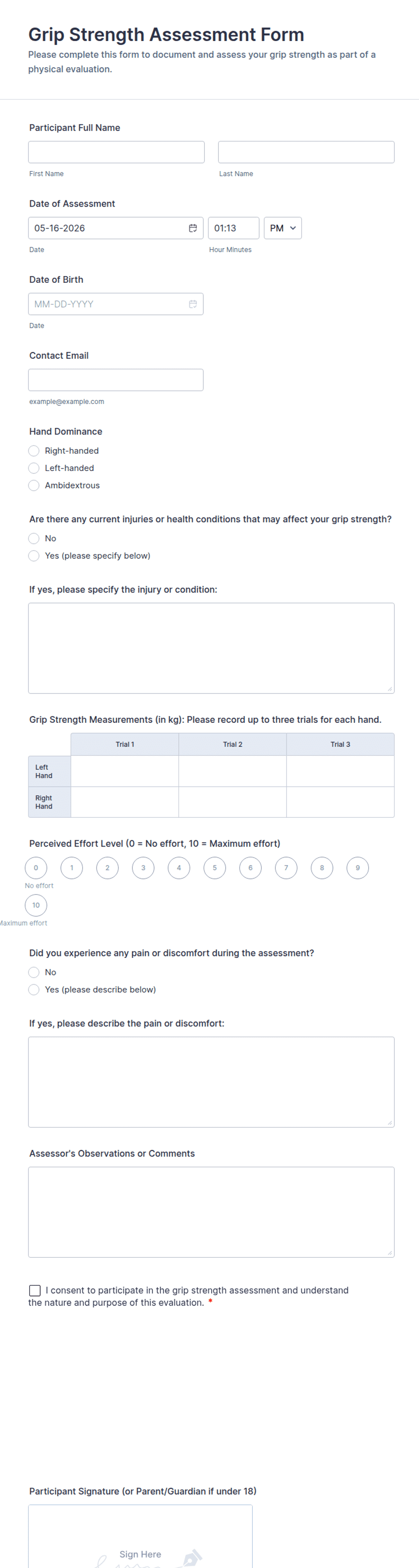 Grip Strength Assessment Form Template | Jotform
