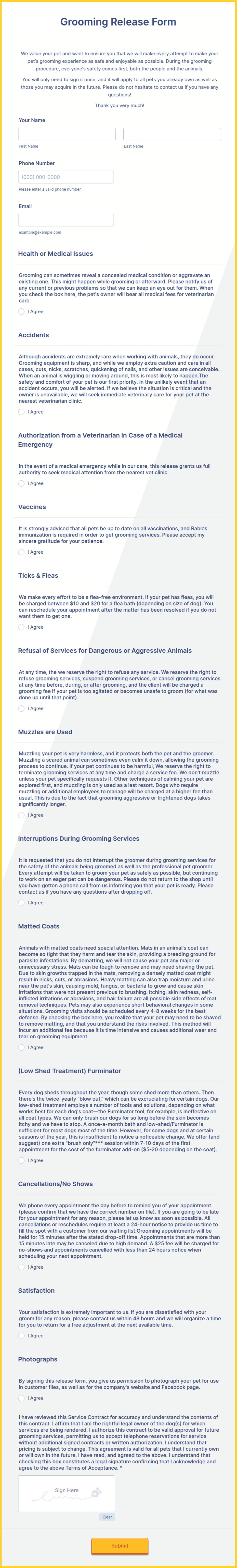 Grooming Release Form Template | Jotform