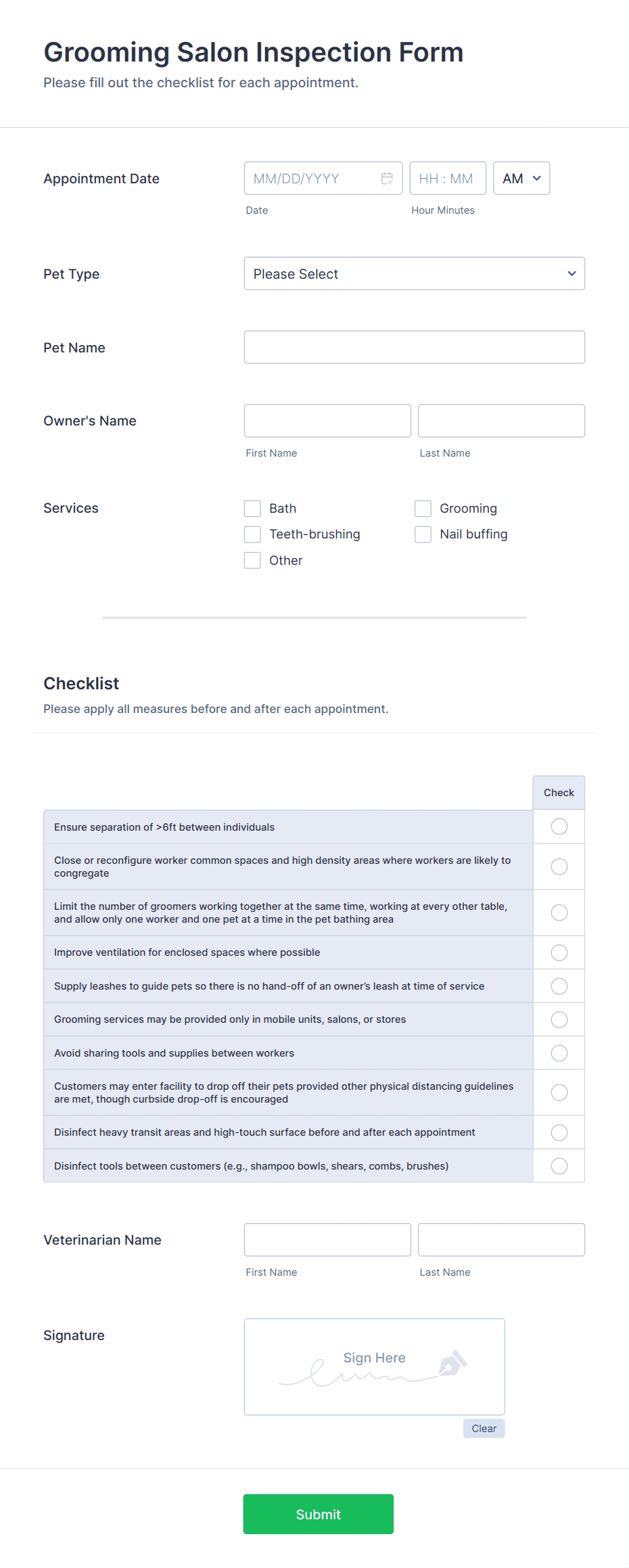 Grooming Salon Inspection Form Template | Jotform