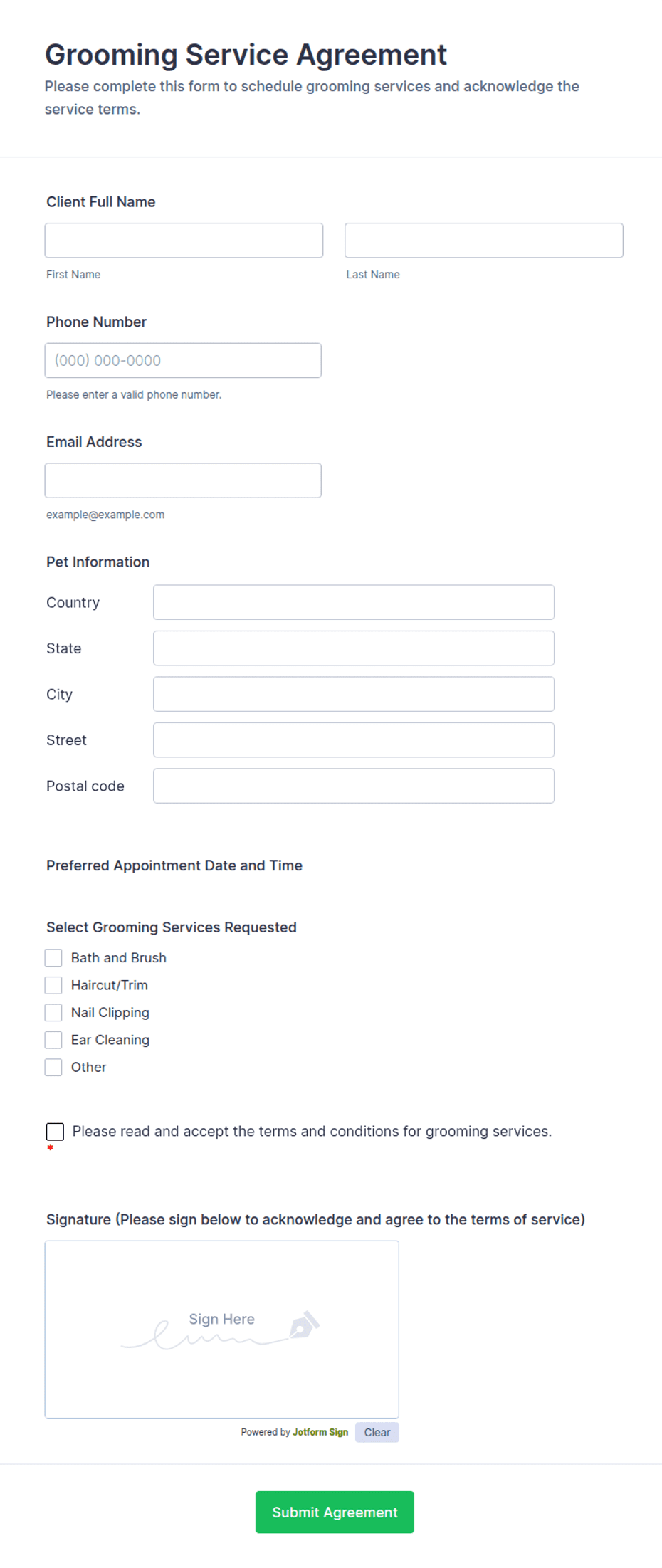 Grooming Service Agreement Form Template | Jotform