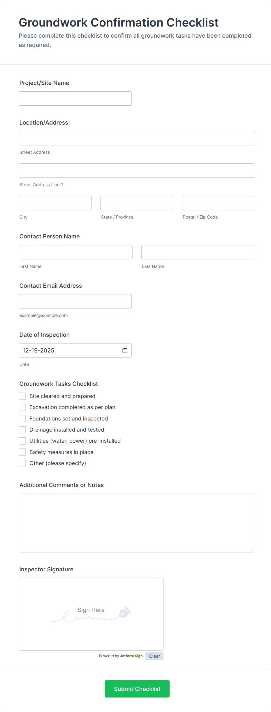 Groundwork Confirmation Checklist Form Template | Jotform