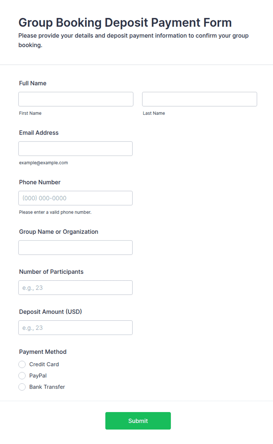 Group Booking Deposit Payment Form Template | Jotform