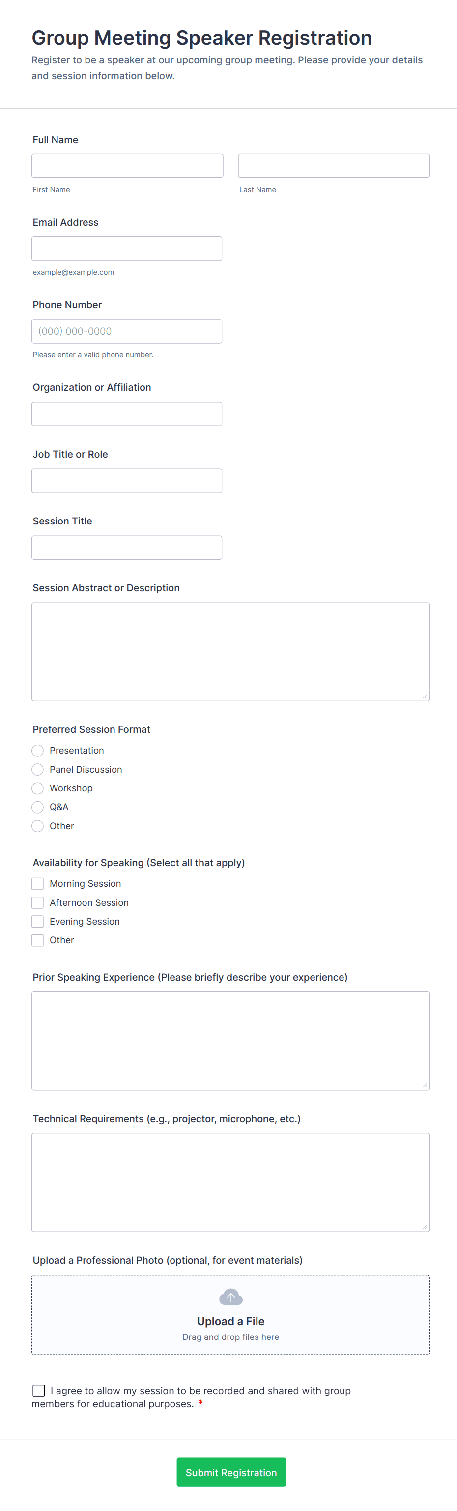 Group Meeting Speaker Registration Form Template | Jotform