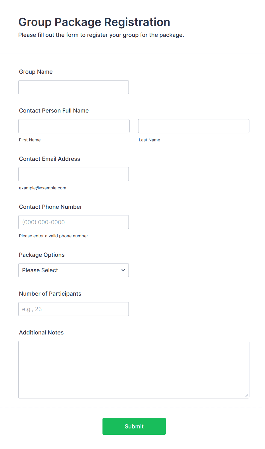 Group Package Registration Form Form Template | Jotform