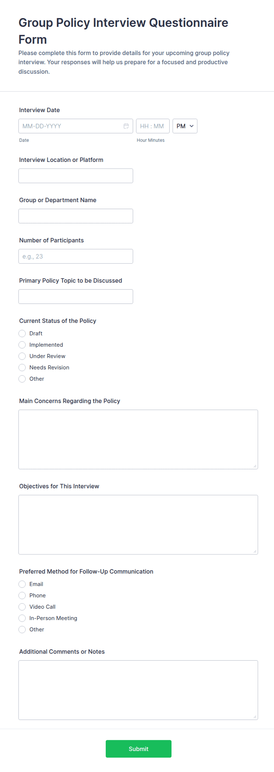 Group Policy Interview Questionnaire Form Template | Jotform