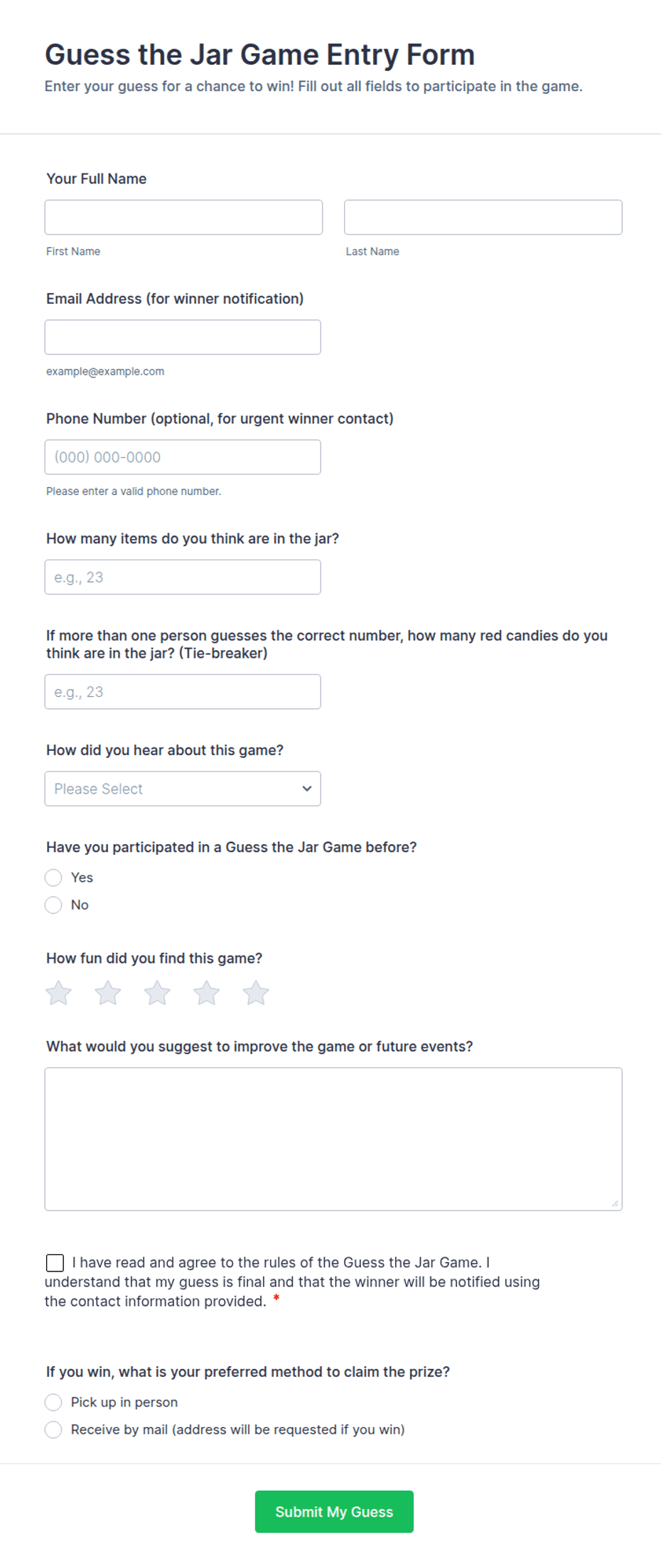 Guess the Jar Game Entry Form Template | Jotform
