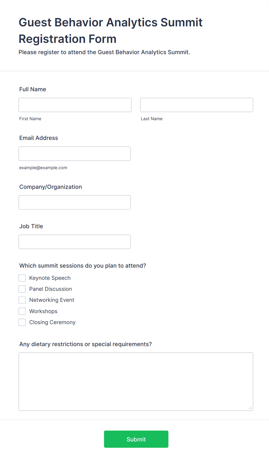 Guest Behavior Analytics Summit Registration Form Template | Jotform