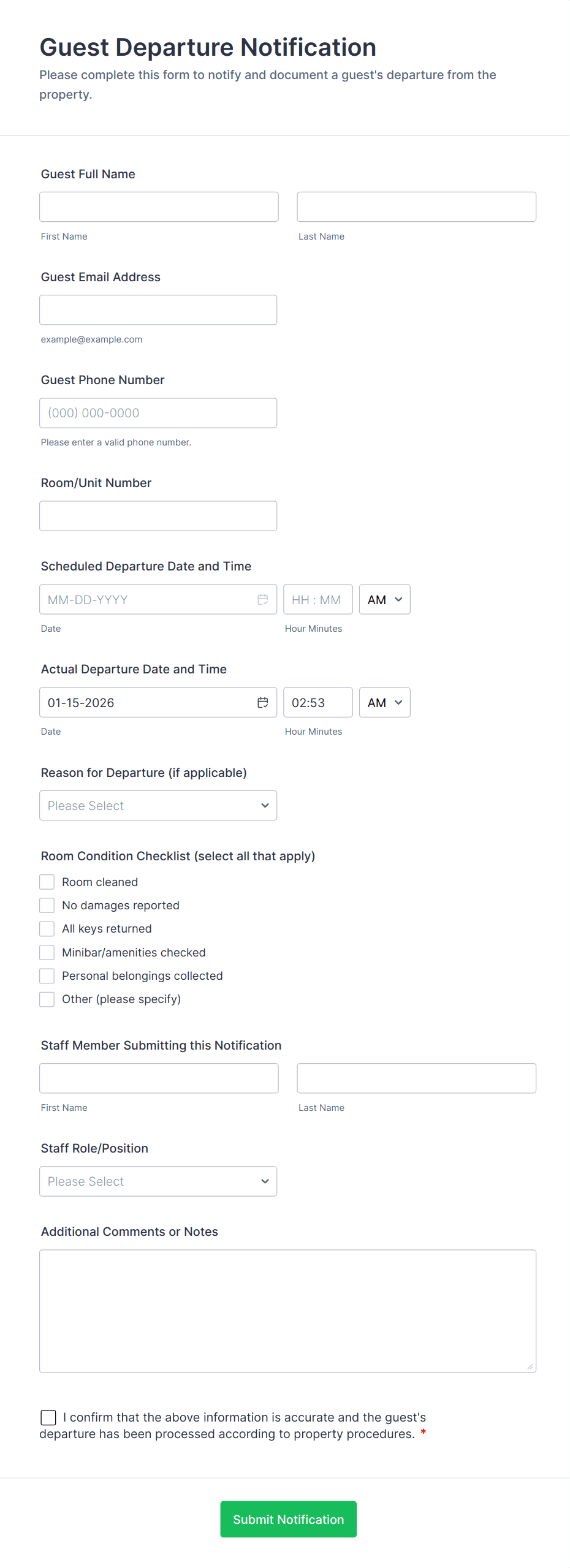 Guest Departure Notification Form Template | Jotform