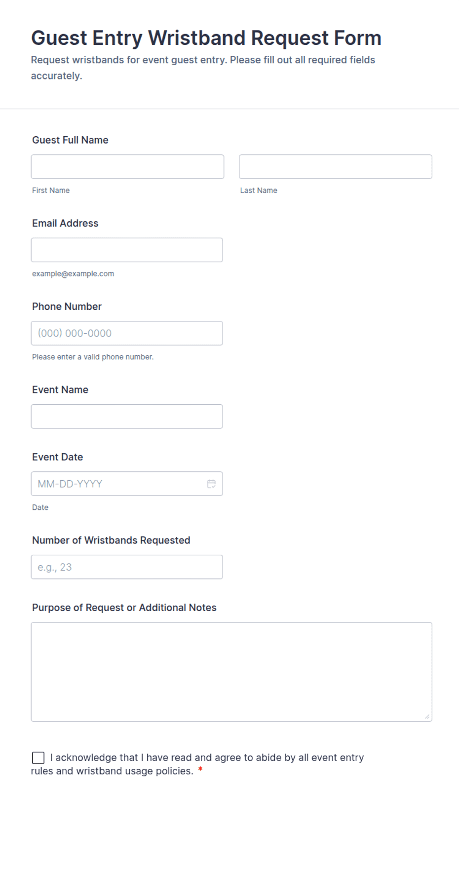 Guest Entry Wristband Request Form Template | Jotform
