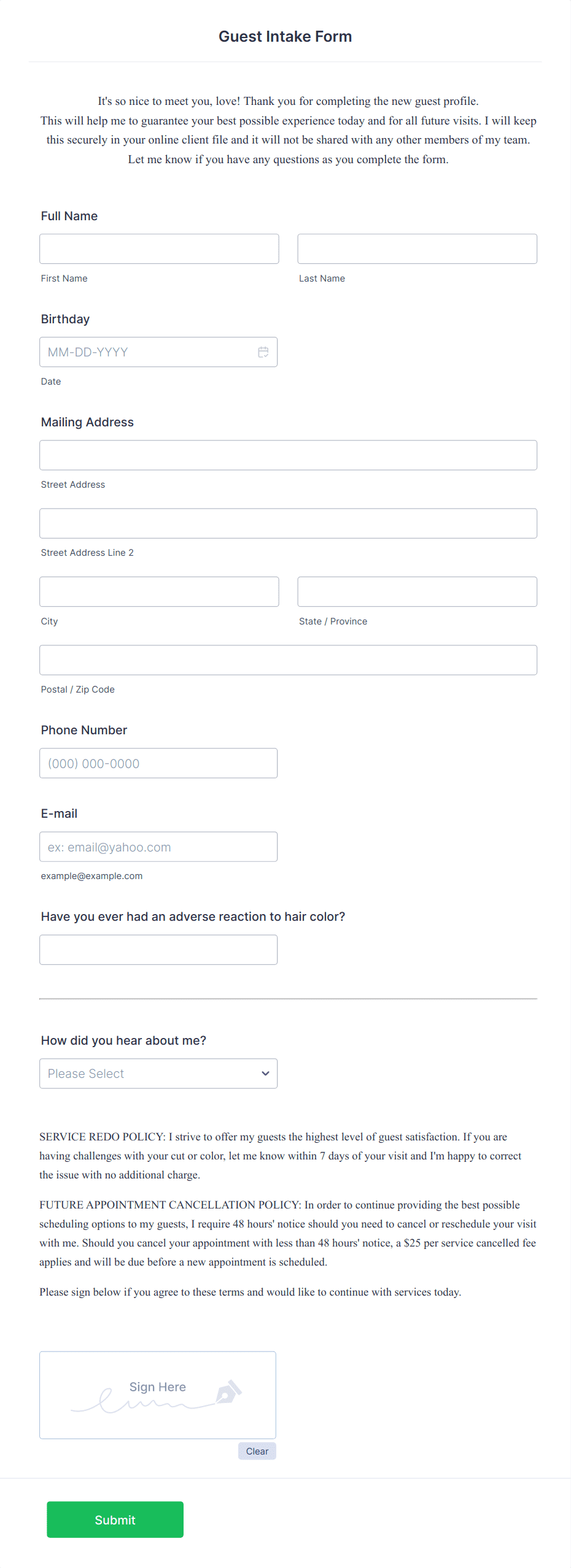 Guest Intake Form Template | Jotform