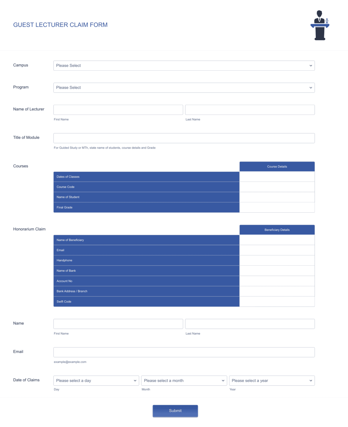 Guest Lecturer Claim Form Template | Jotform
