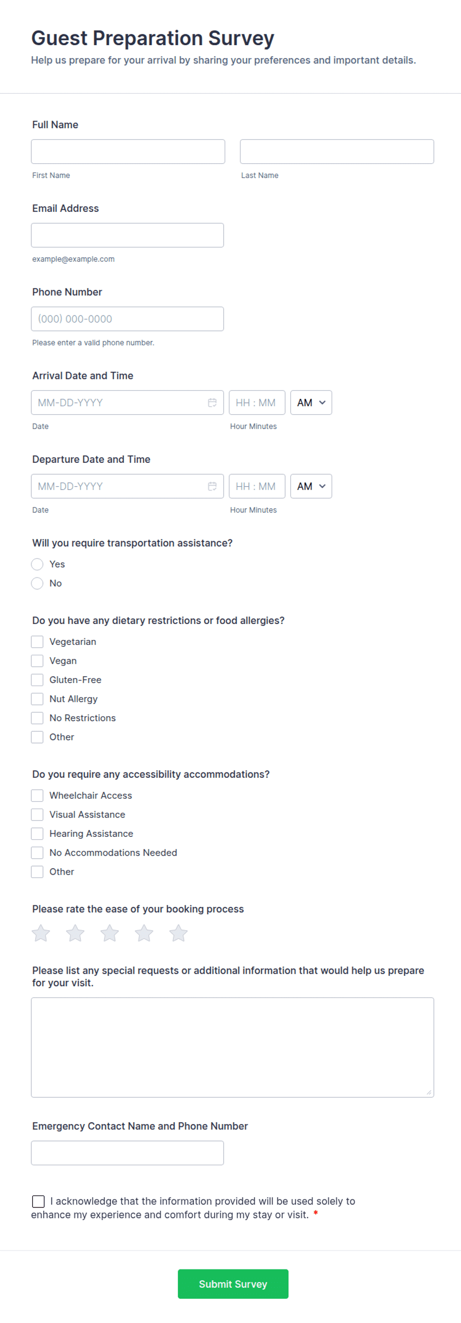 Guest Preparation Survey Form Template | Jotform