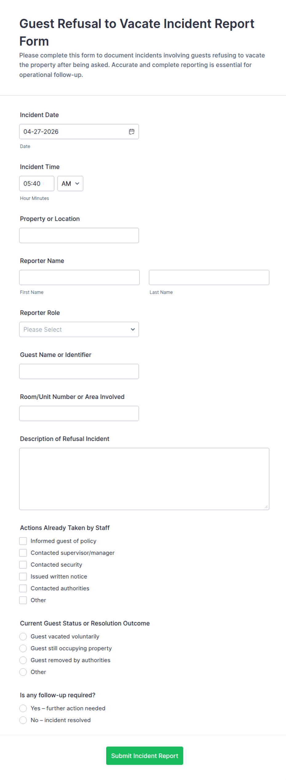 Guest Refusal to Vacate Incident Report Form Template | Jotform