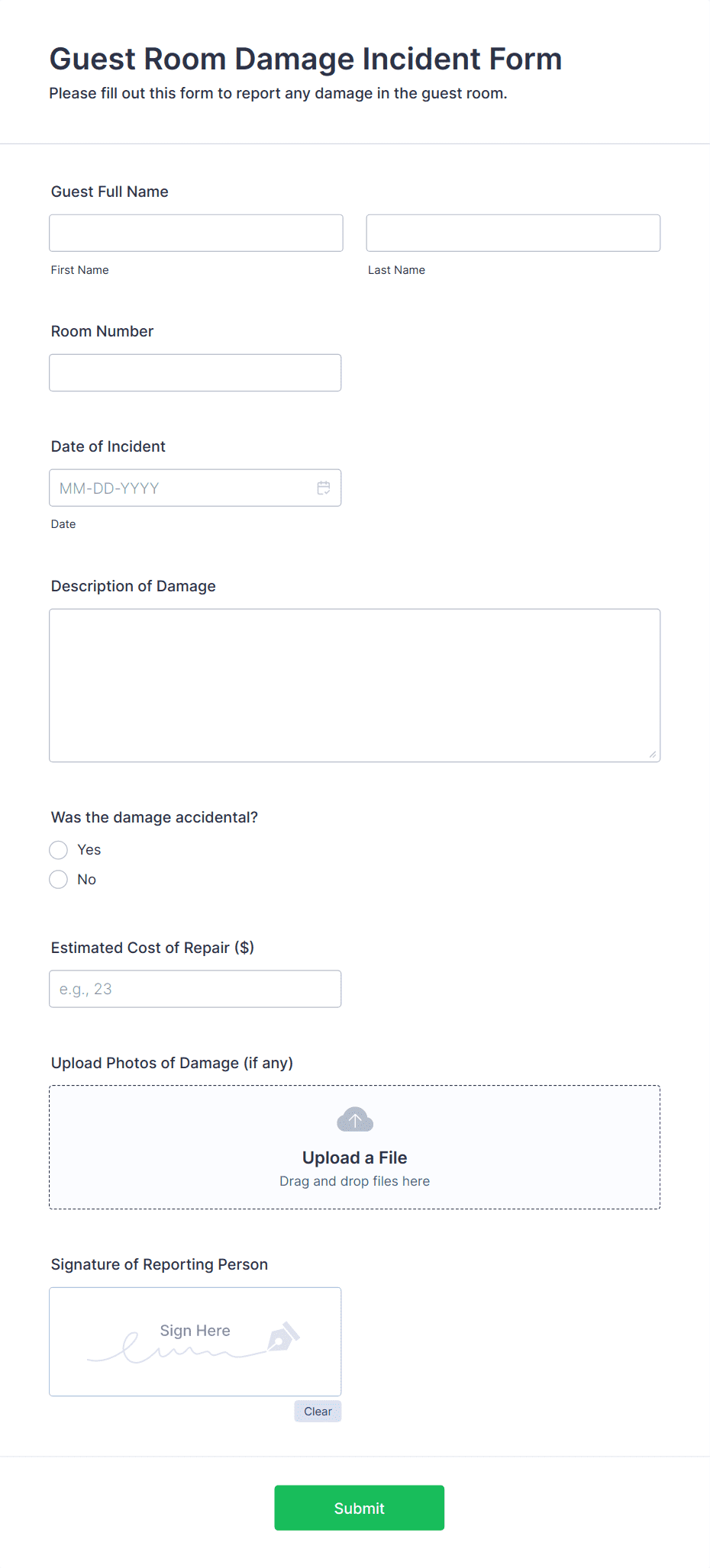 Guest Room Damage Incident Form Template | Jotform