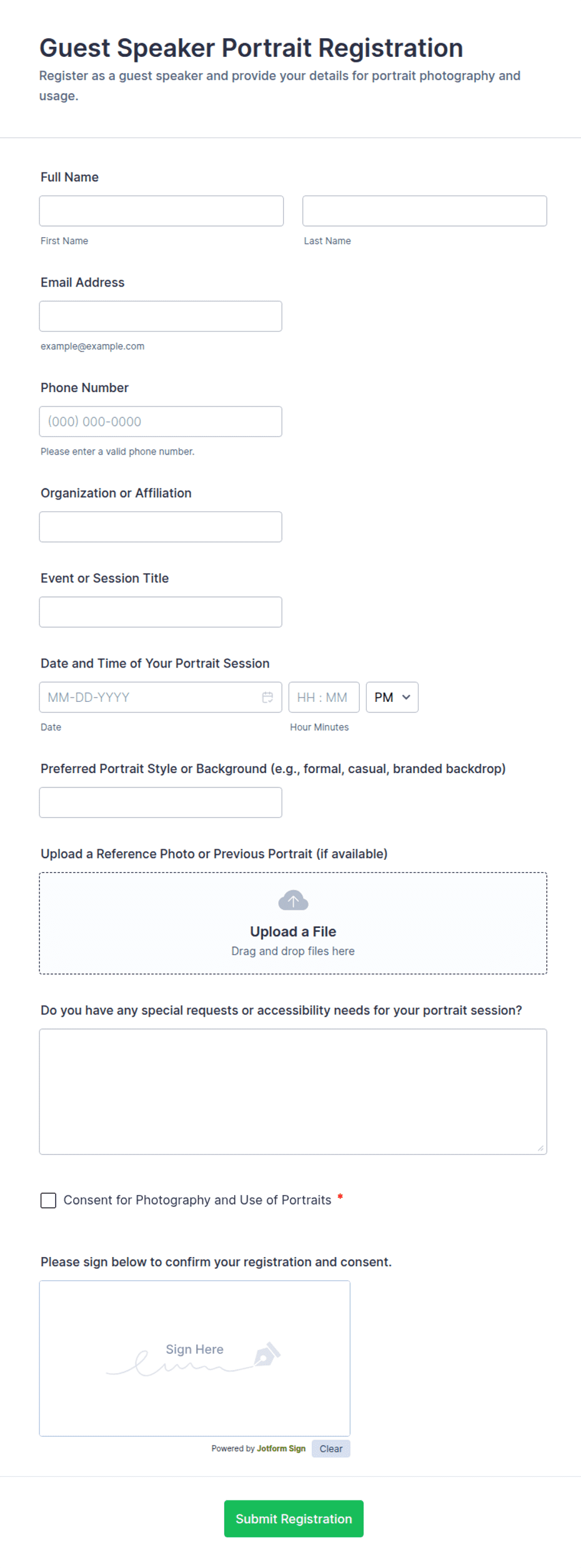 Guest Speaker Portrait Registration Form Template | Jotform