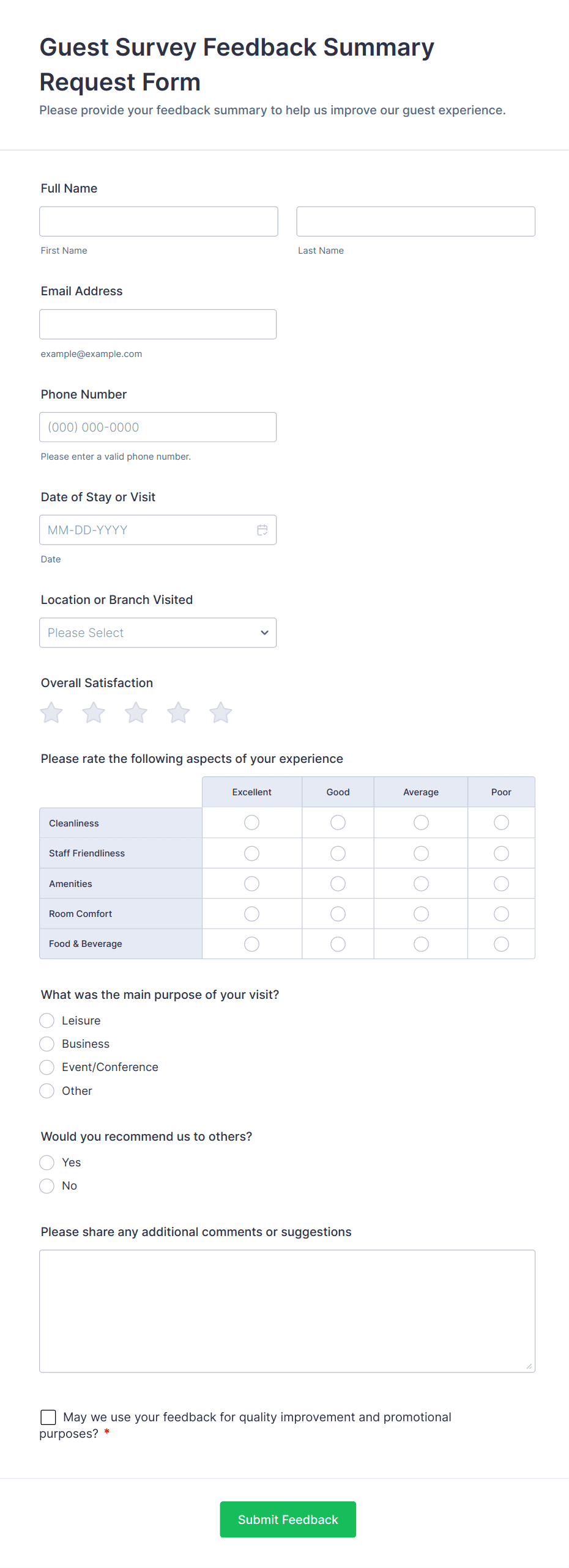 Guest Survey Feedback Summary Request Form Template | Jotform