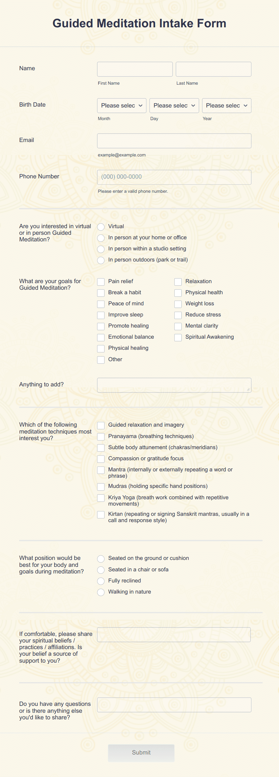 Guided Meditation Intake Form Template | Jotform