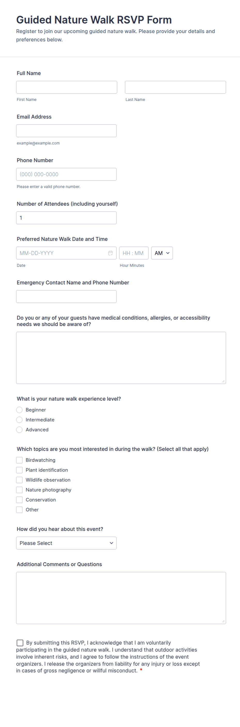 Guided Nature Walk RSVP Form Template | Jotform